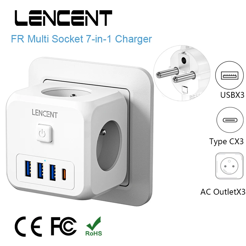 Lencent Fr To Eu Plug Power Adapter With 3 Usb Ports 3 Ac Outlets 1 ...