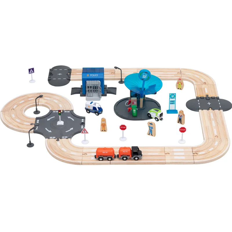 Kids Wooden Track Police Officers Dispatched Refueling Scene Compatible ...