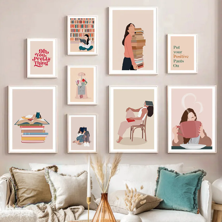 Abstract Minimalist Girl Reading Book Cup Quotes Wall Art Canvas ...
