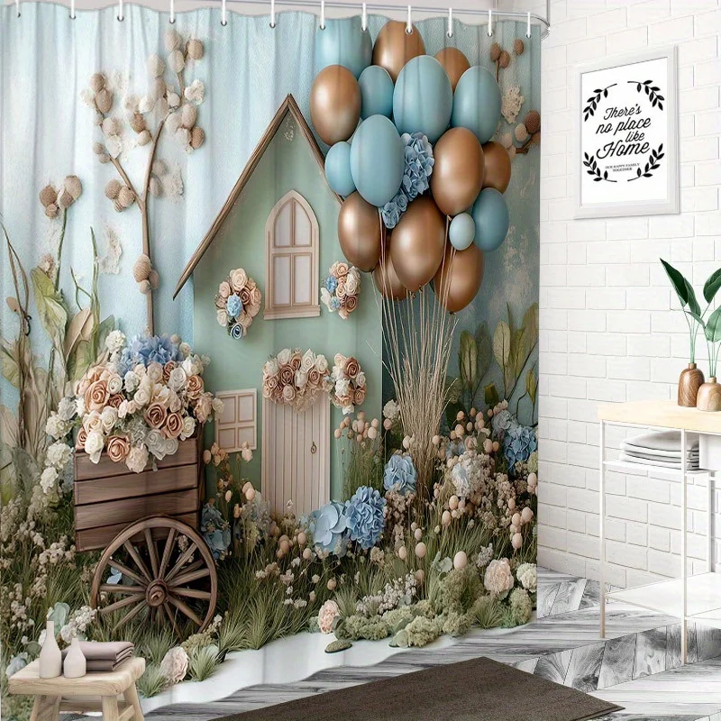 1pc Floral Cottage Shower Curtain - Balloons & Garden Design, Polyester ...