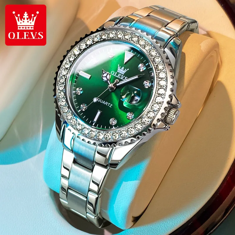 OLEVS Original Quartz Ladies Watch Luxury Diamonds Steel strip Leather ...