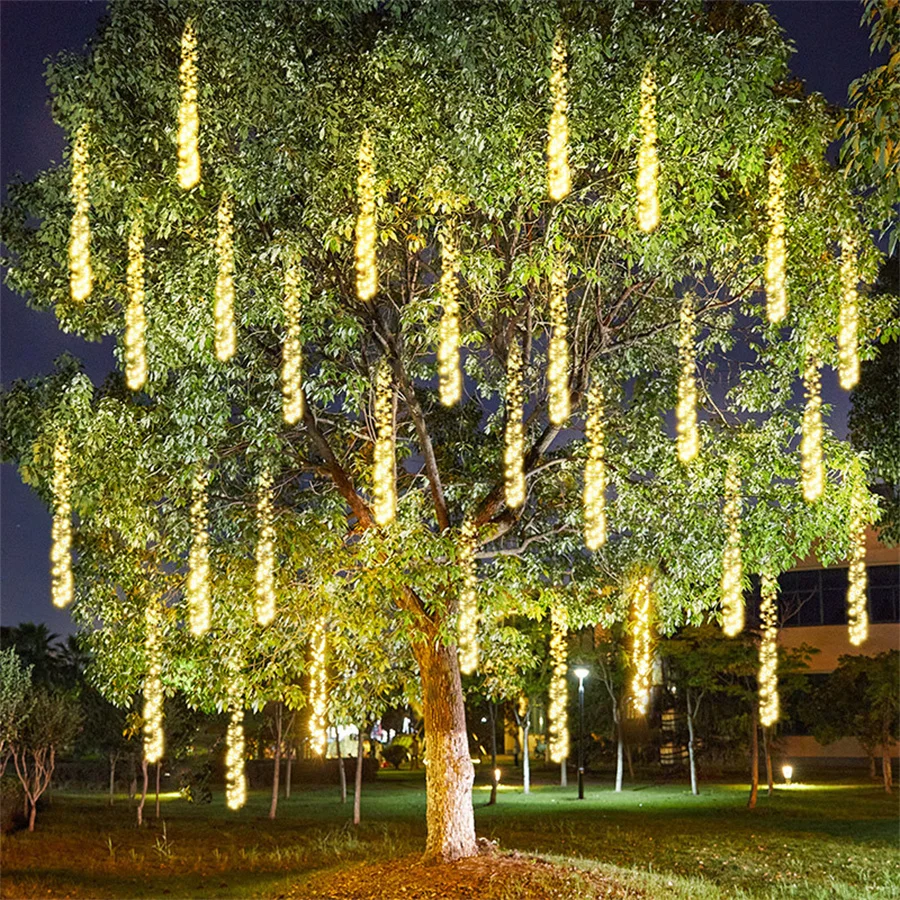 LED-Meteor-Shower-Rain-String-Lights-Waterproof-Garden-Solar-Icicle ...