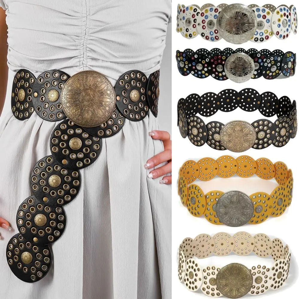 Y2K-Round-Hollow-Belt-Vintage-Disc-Wide-PU-Belts-Metal-Buckle-Cowboy ...
