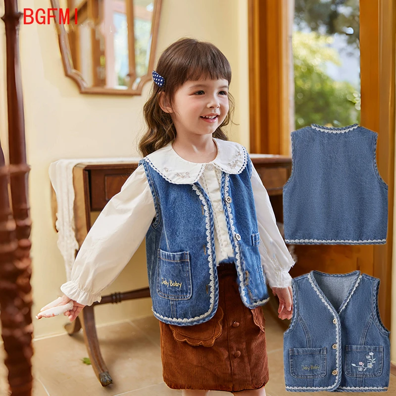2-10 Y Girls Denim Vest V-neck Sleeveless Kids Flower Embroidery Jean ...