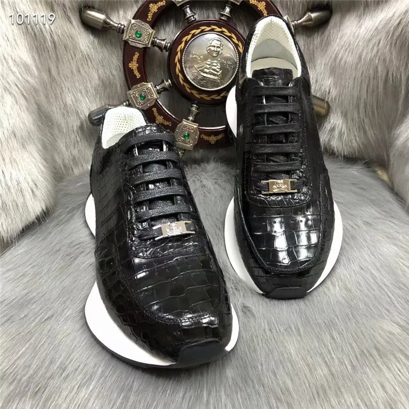 Authentic-Exotic-Crocodile-Skin-Men-s-Casual-Black-Flats-Shoes-Genuine ...