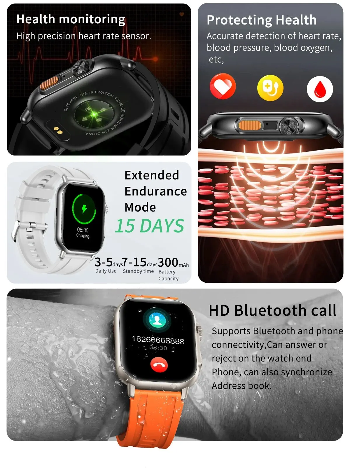 Reloj inteligente para hombre y mujer, accesorio de pulsera resistente al agua IP68 con llamadas ...