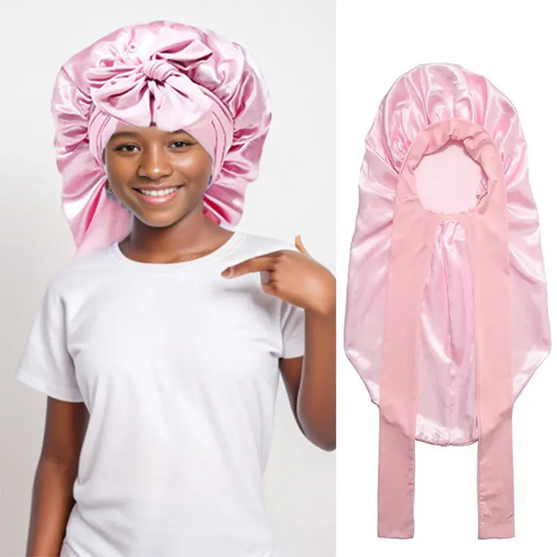 Kids Sleeping Cap Long Silk Bonnet Sleep with Tie Band Silk Hair ...