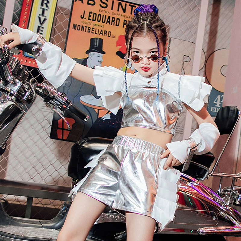 Silver Hip Hop Jazz Dance Costumes Girls Catwalk Show Stage Clothing Summer Street Dance ...