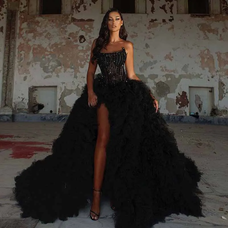 Black-Beaded-Long-Prom-Gowns-With-Detachable-Train-Sexy-Split-Gothic ...