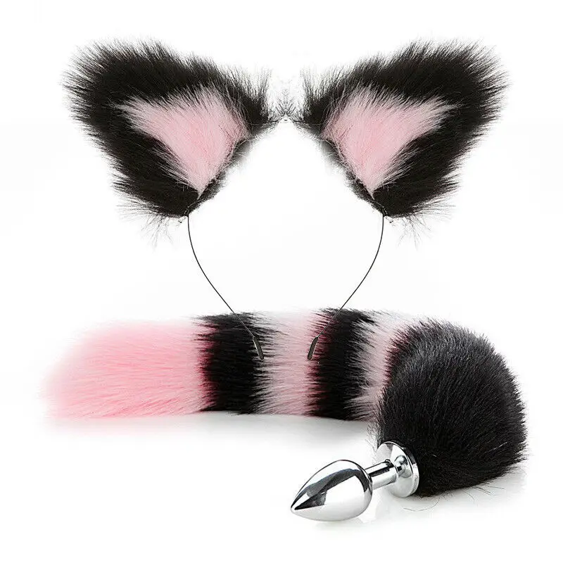 40cm Fox Tail Anal Plug Sexy Plush Cat Ears Headbands Set Butt Plug