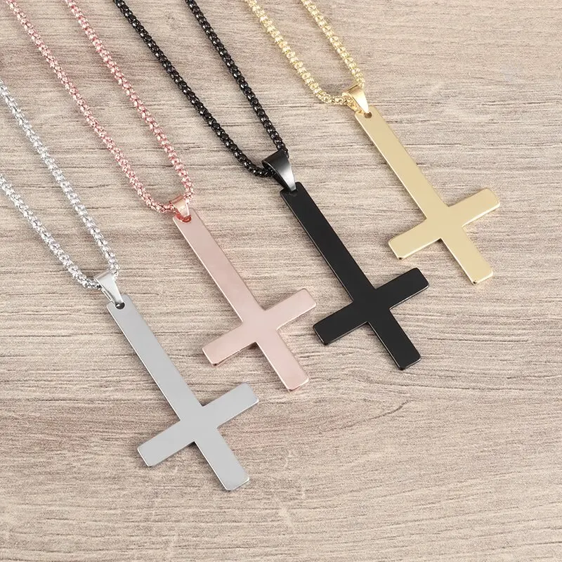 Simple-Inverted-Cross-Necklace-Pendant-Stainless-Steel-Charm-Chain-Evil ...