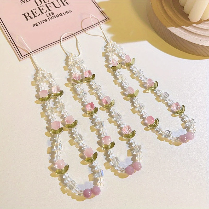 Korea Cute Pink Tulips Crystal Phone Chain Clear Flower Beaded For ...