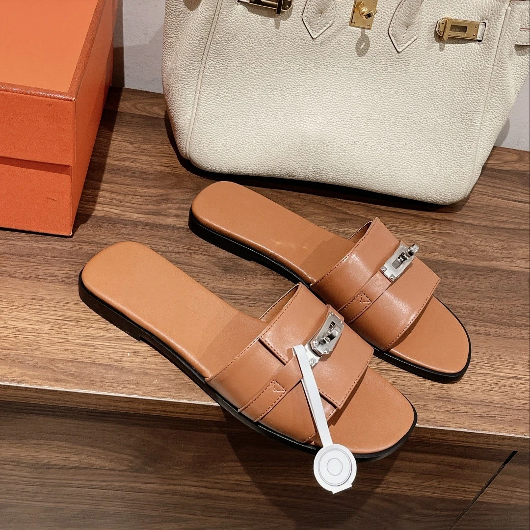 Peep-Toe-Suede-Flat-Modern-Slippers-Metal-Lock-Designer-Mules-Flip ...