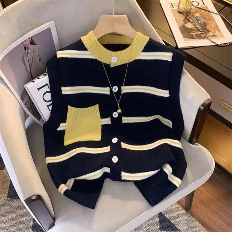 Striped Round Neck Knitted Sweater Cardigan Women's Loose Colored ...