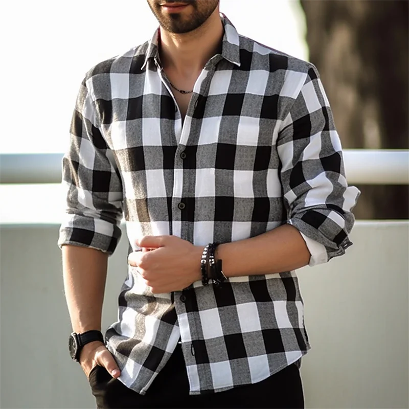 Camisa-a-cuadros-blanco-y-negro-para-hombre-camisa-de-manga-larga-con ...