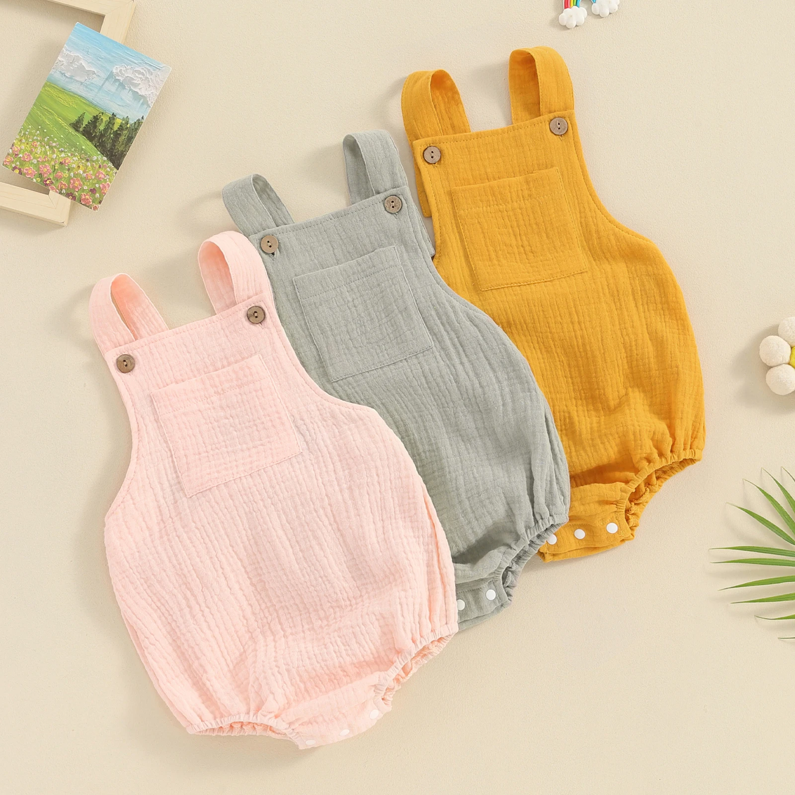 Pudcoco Baby Cotton Linen Overalls Solid Color Sleeveless Square Neck ...