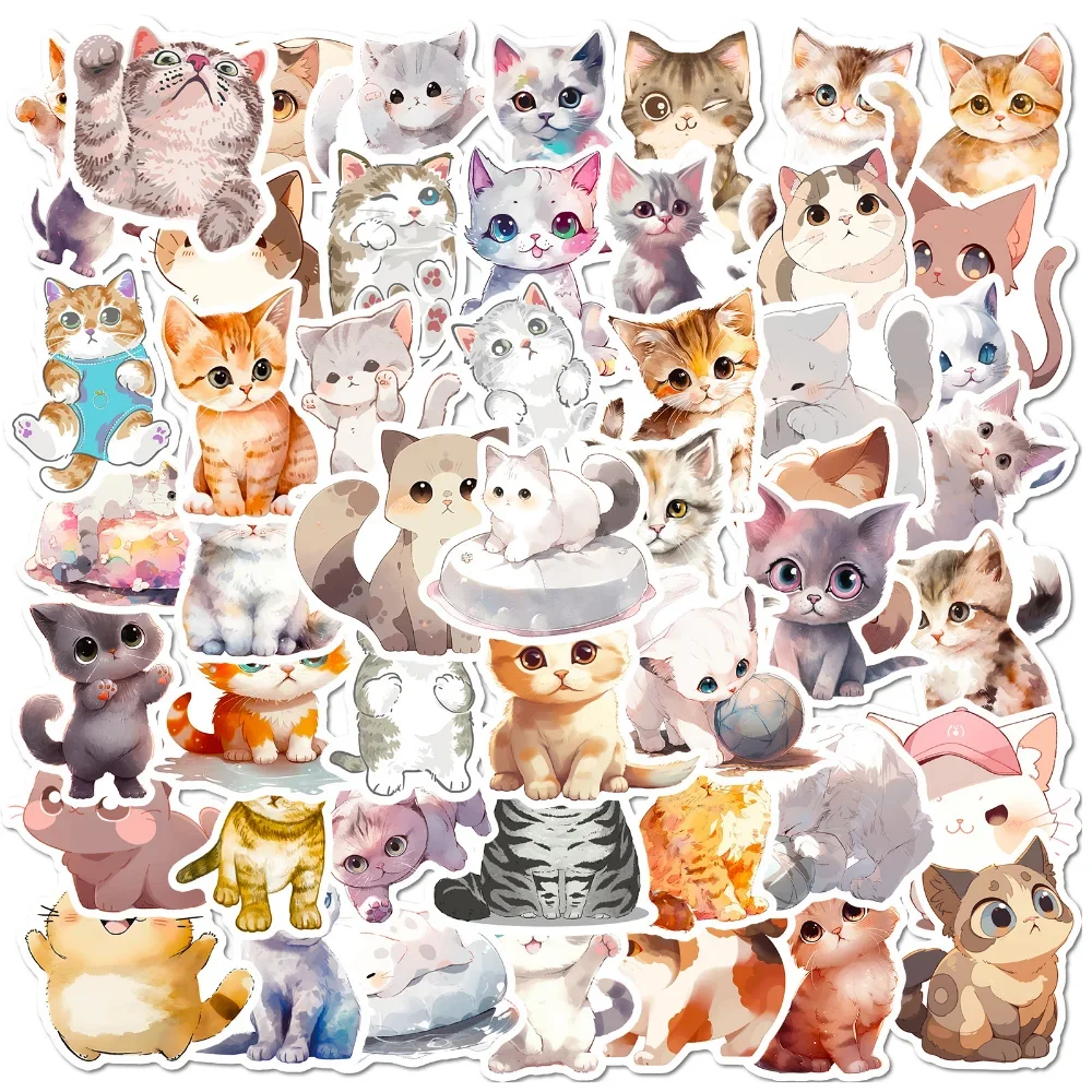10-50Pcs-Cute-Watercolor-Cat-Stickers-Waterproof-Reusable-Stickers-DIY ...