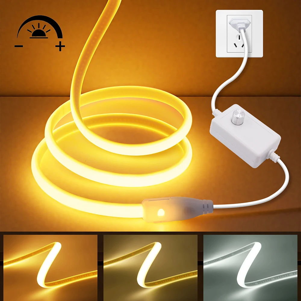 220V Dimmable COB LED Neon Strip Light With Switch/Dimmer EU Plug ...