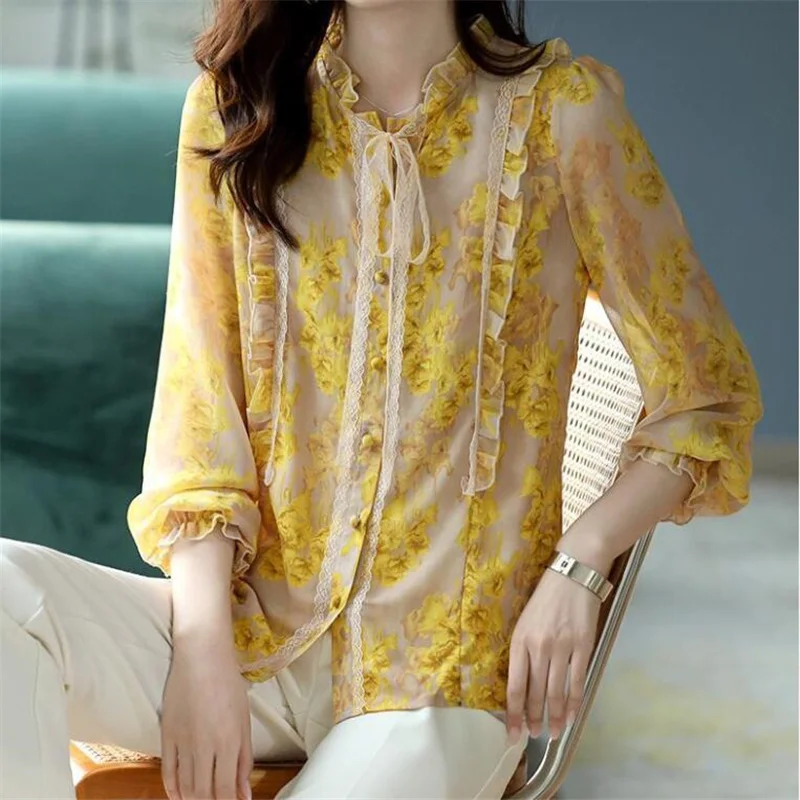High-end-Lace-Blouses-Women-Shirt-Patchwork-Ear-Edge-Printed-Shirt ...