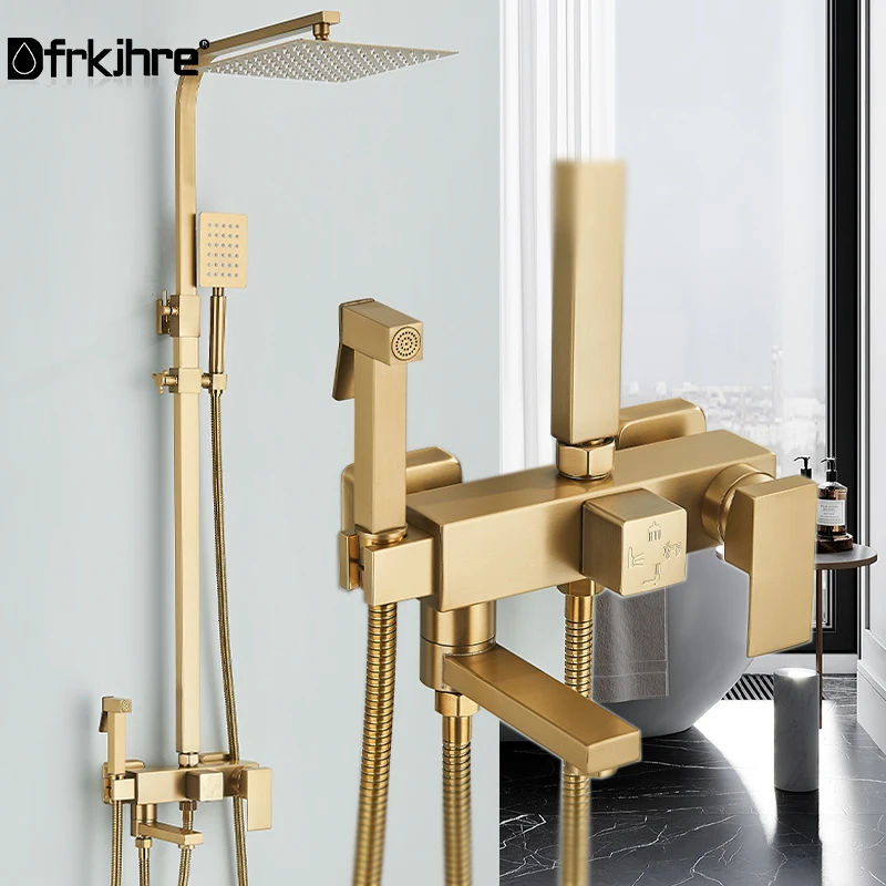 Brushed-Gold-Bathroom-Shower-Faucet-Set-Brass-Bath-Faucet-Rainfall ...