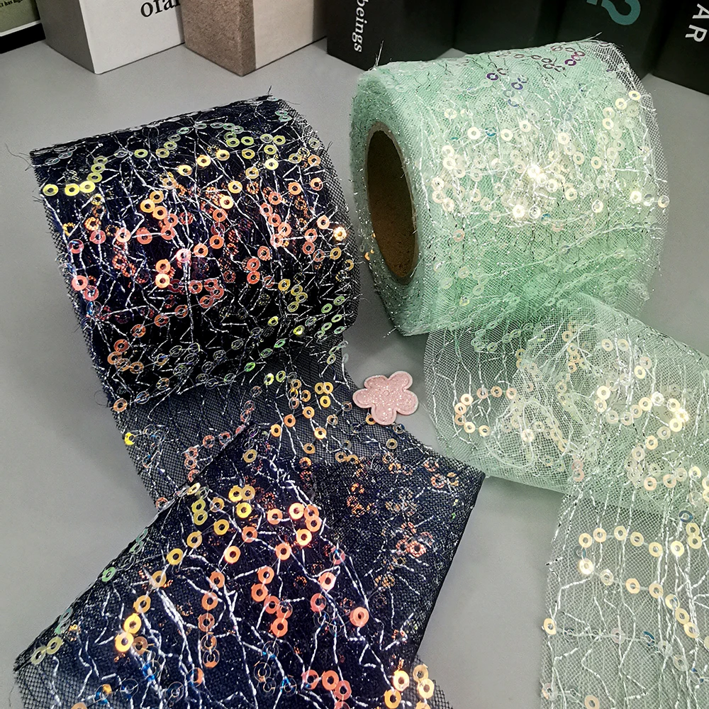 6cm 10yards Glitter Sequin Tulle Ribbon Tape Embroidered Paillette Mesh ...