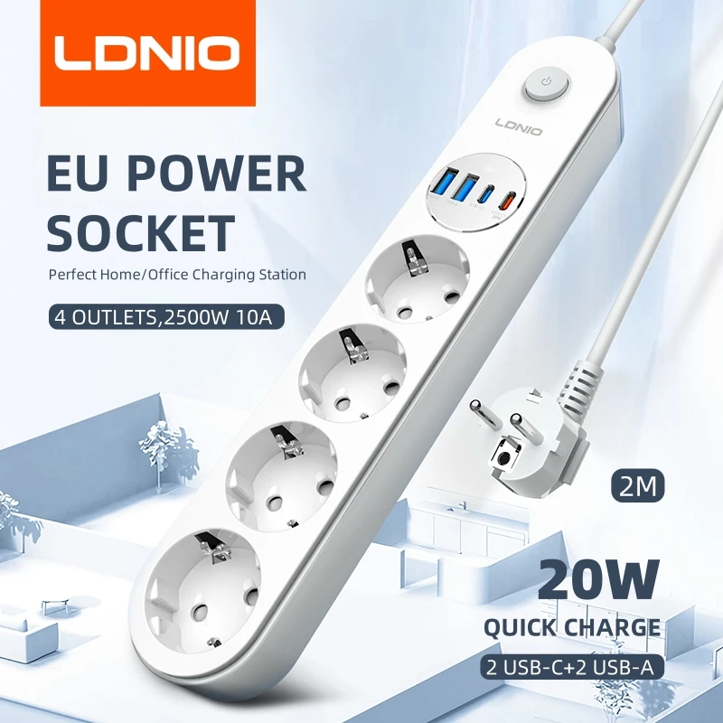 LDNIO Electric Extension 2M Power Strip Multiple European Plug Ruler ...