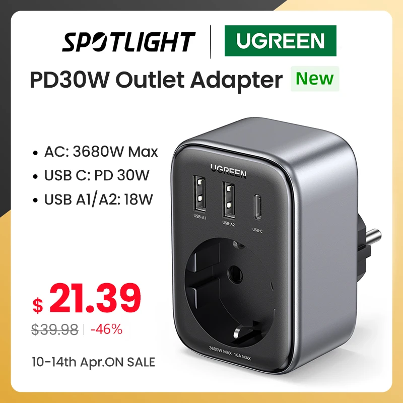 UGREEN 30W GaN PD Charger With AC Outlets Mobile Phone Charger for iPhone 14 Xiaomi USB Wall ...