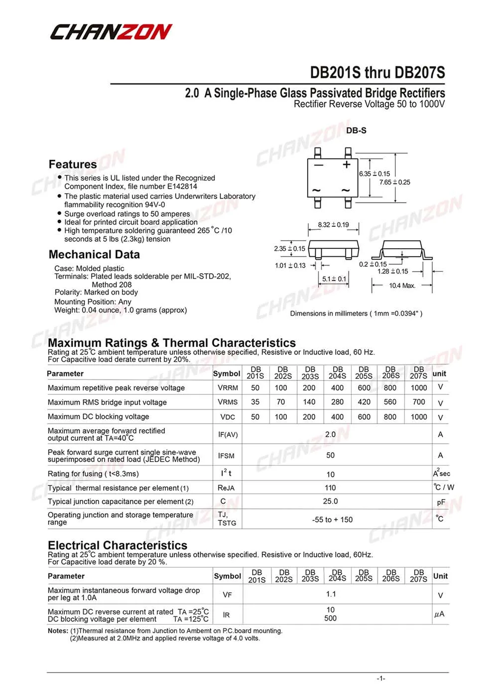 DB207S Cầu Diode Chỉnh Lưu 2A 1000V – ĐIỆN TỬ TUYẾT NGA