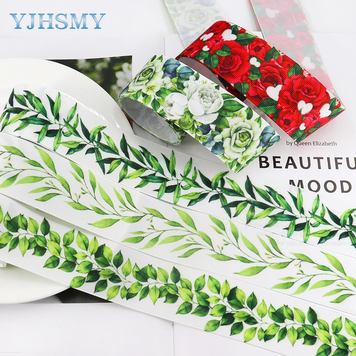 Leaf-Grosgrain-Ribbon-Rose-Patterned-Ribbon-Flowers-Pattern-Ribbon-for ...