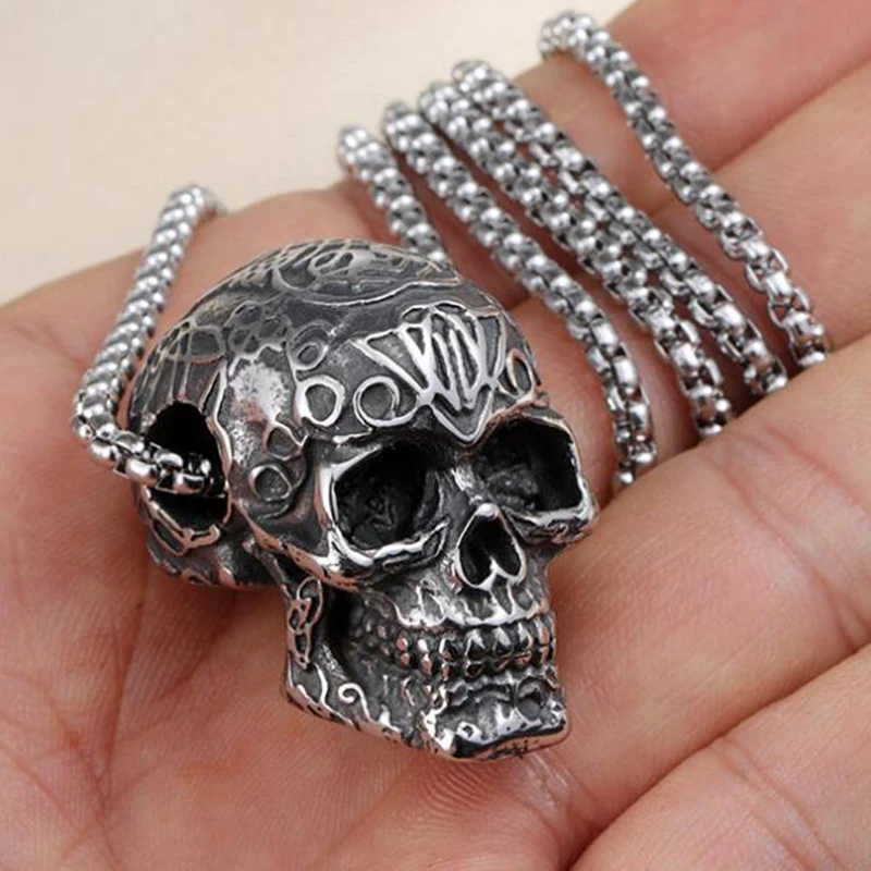 Gothic Rune Skull Necklaces for Women Punk Skeleton Pendant Stainless ...