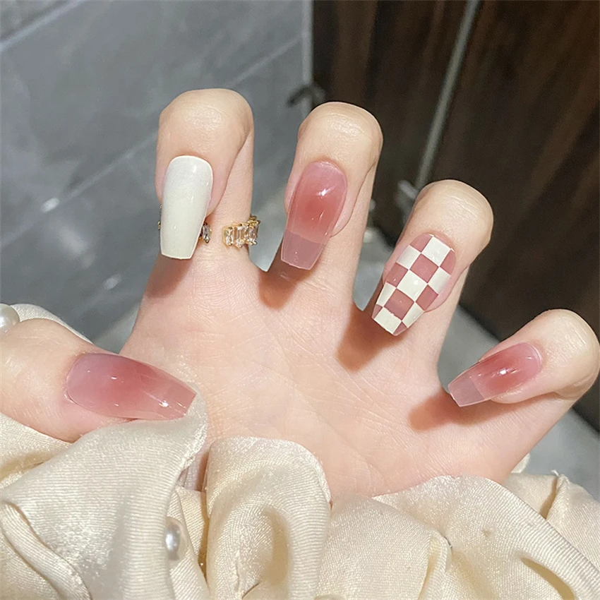 24Pcs-Set-Long-Ballet-Wear-False-Nails-Art-Pink-White-Tessellated-Press ...