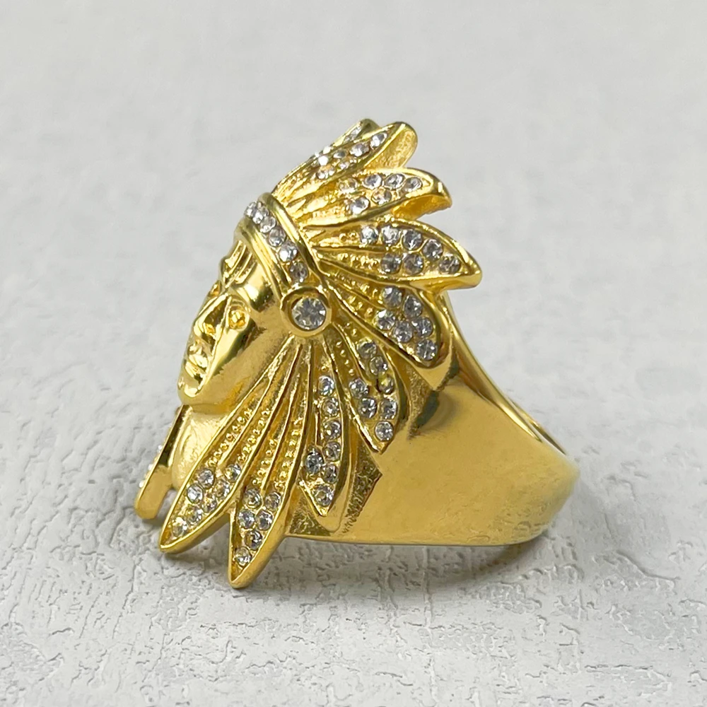 Indian Chief Rings with rhinestone For Men 316L Stainless Steel Biker ...