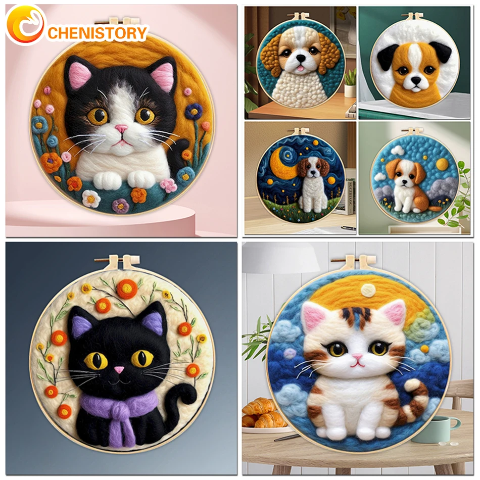 CHENISTORY-Diy-Felt-Kit-Wool-Felting-Painting-With-Frame-Animal-Cat ...