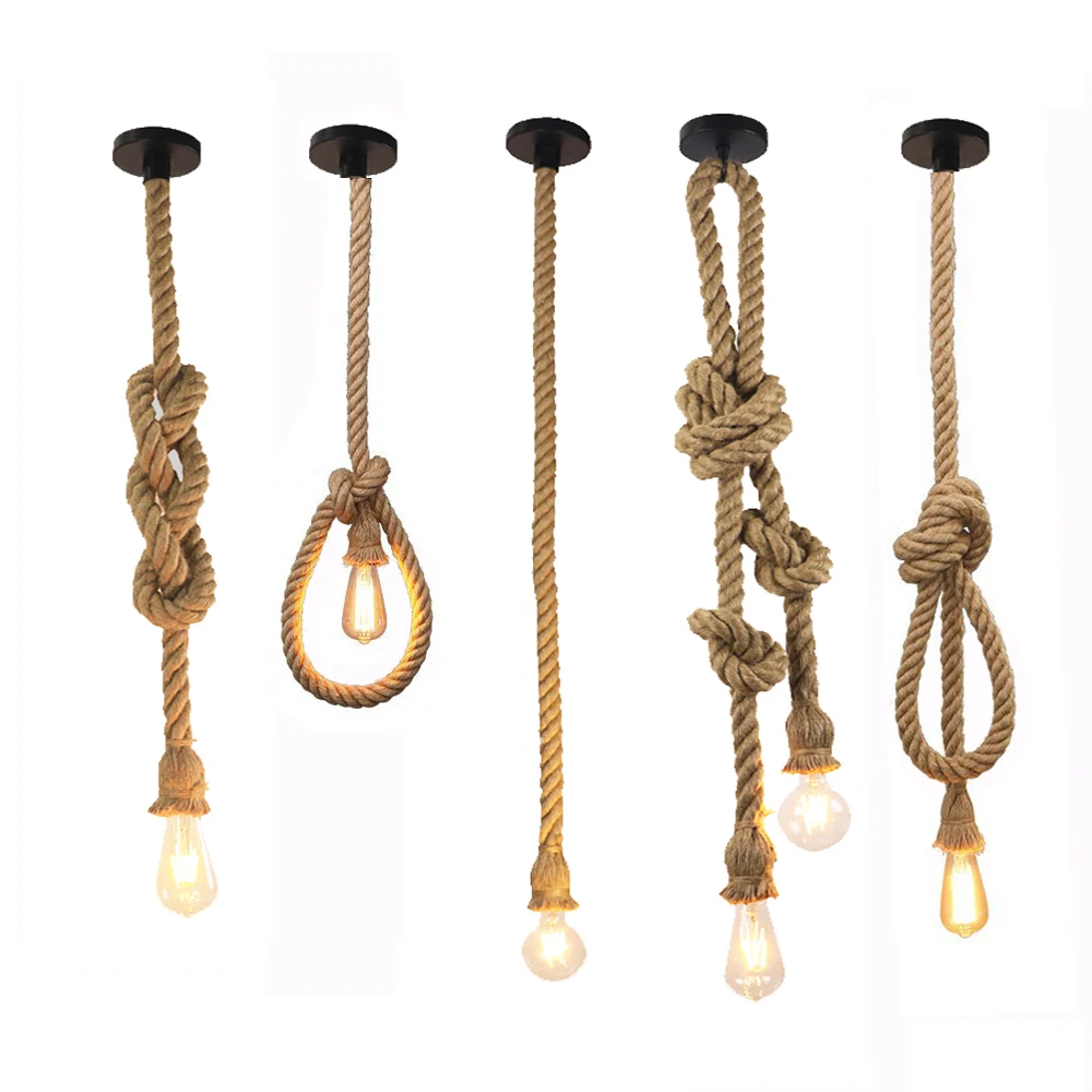 Retro Vintage Hemp Rope Pendant Light American Industrial Hanging Lamps ...