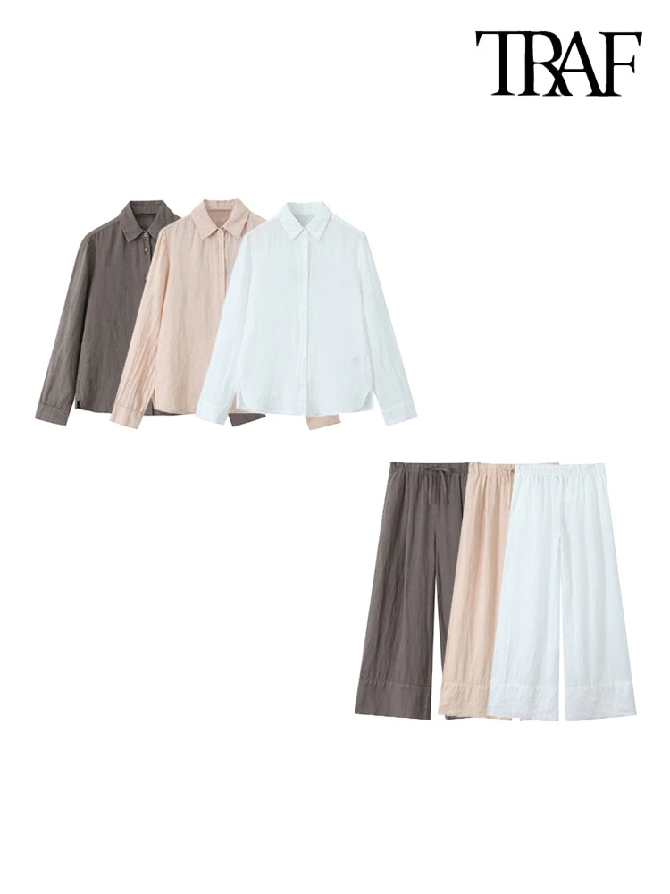 TRAF-Women-Fashion-Asymmetric-Linen-Shirts-And-Mid-Elastic-Waist-With ...