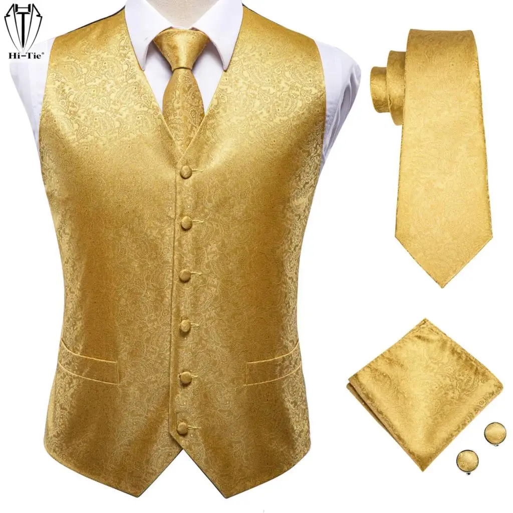 Hi Tie Jacquard Paisley Silk Gold Mens Vest Pocket Square Cufflinks Set ...