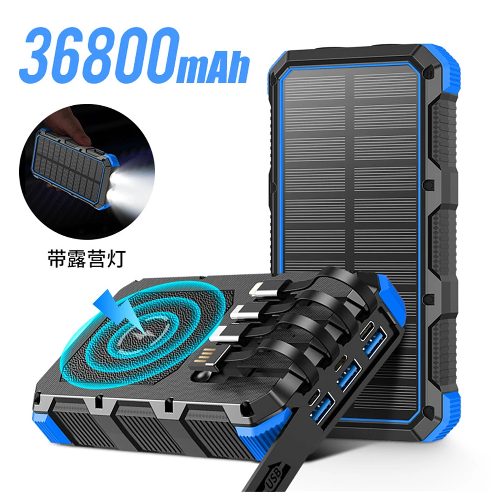 Solar Power Bank 36800mAh Powerbank with Light Built in Cable Wireless ...