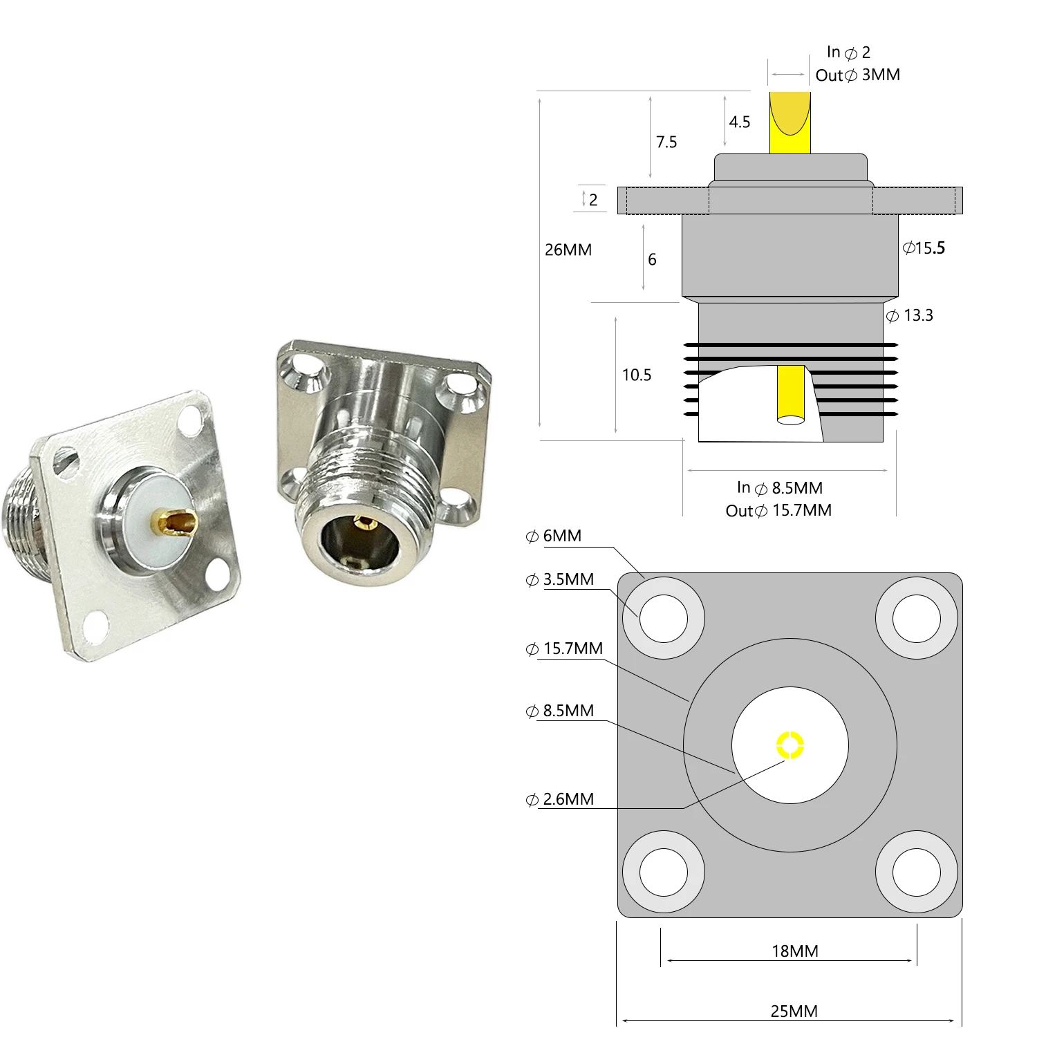 Conector Coaxial RF tipo N, chasis de montaje en Panel de 4 orificios ...