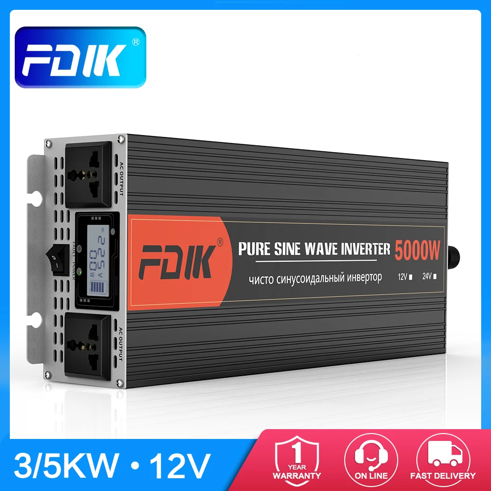 FDIK Pure Sine Wave Inverter 12V 220V DC to AC 3000W 5000W LCD Display ...