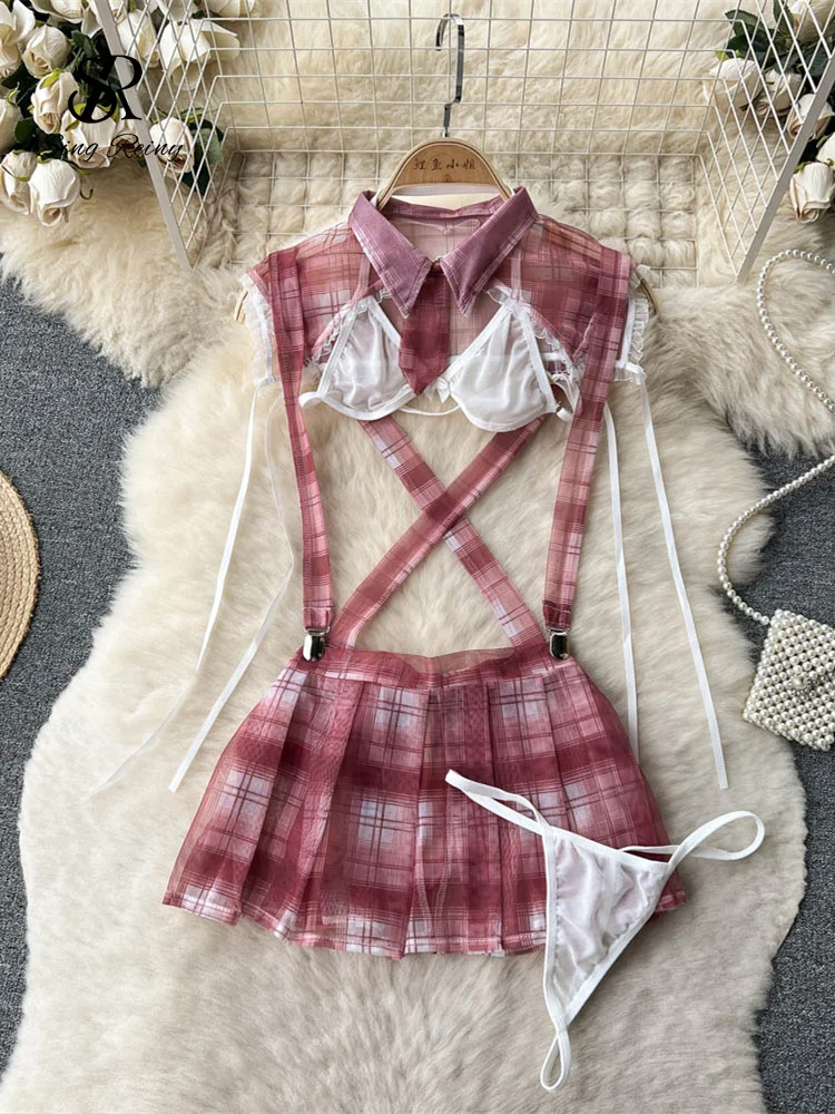 Singreiny Erotic Sheer Overallls Short Night Dress Hollow Out Plaid Jk ...