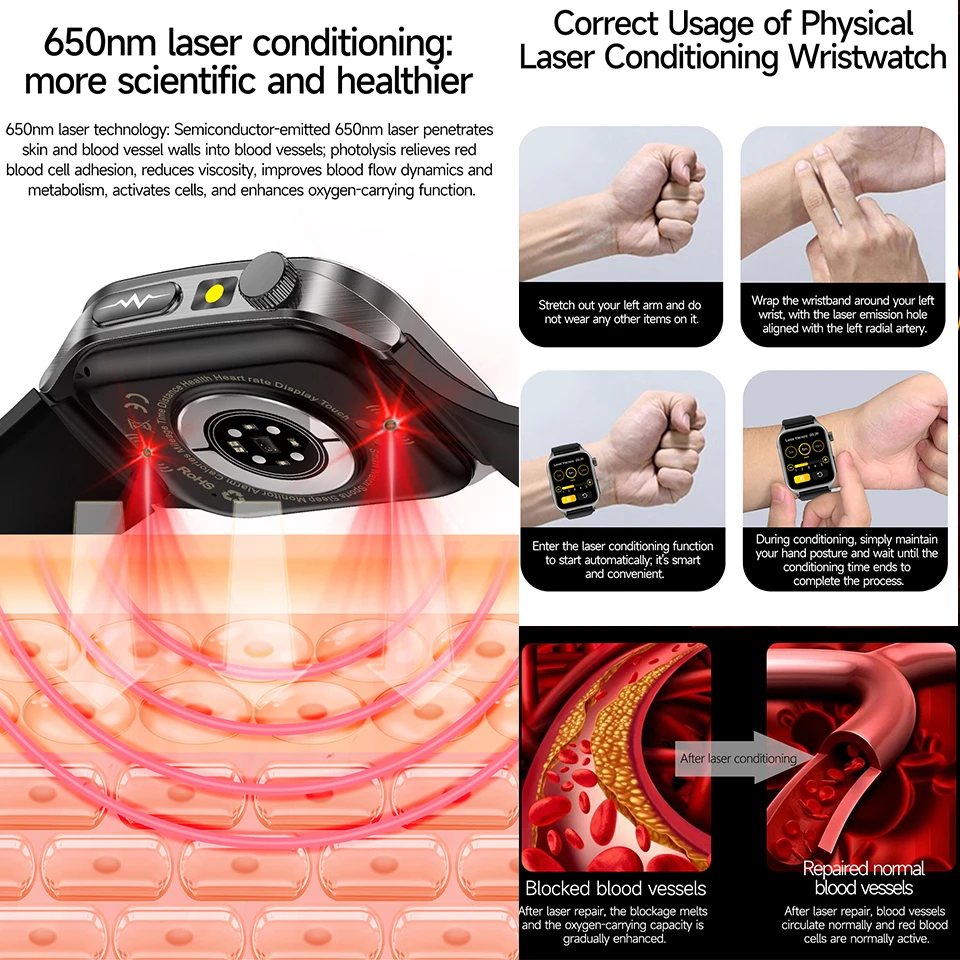 New laser Therapy Watches Health Tracker Uric Acid Body Fat Smart Watch ...