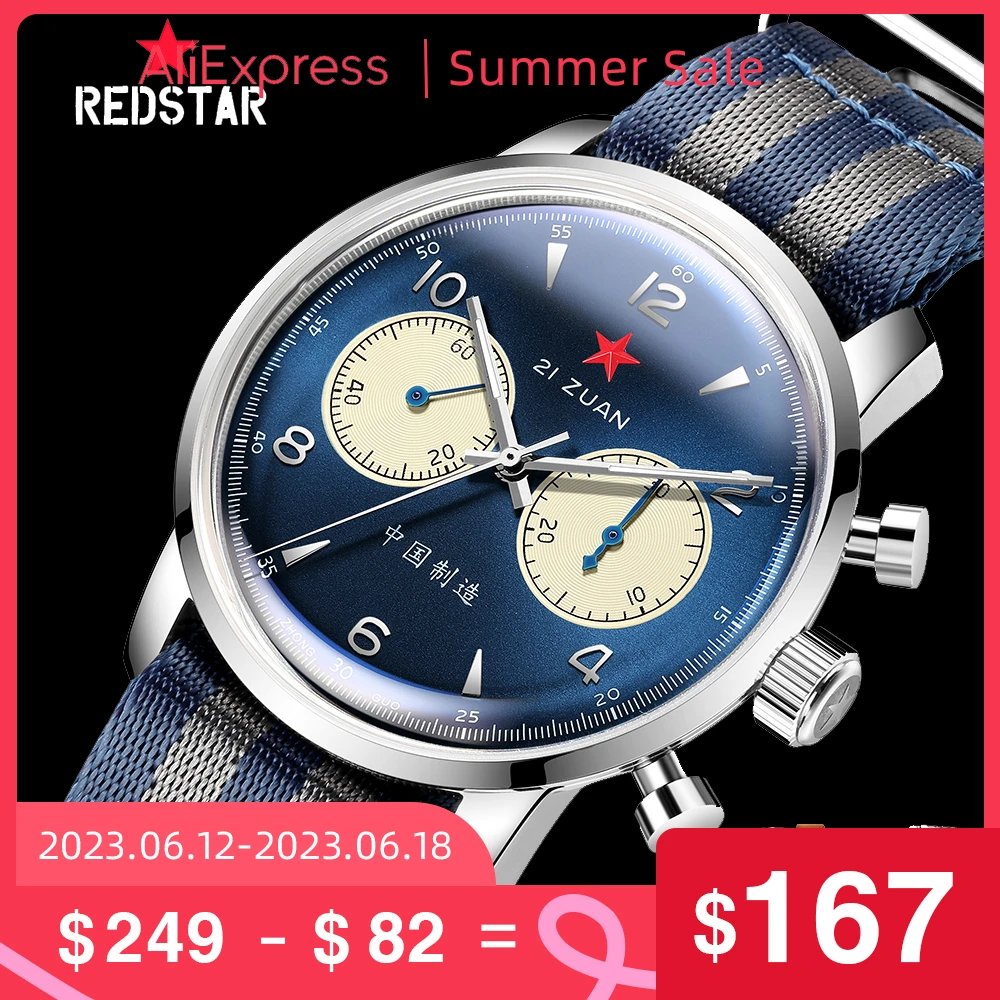 Red Star 42mm Men Chronograph 1963 Watches Pilot | Acrylic Mechanical ...