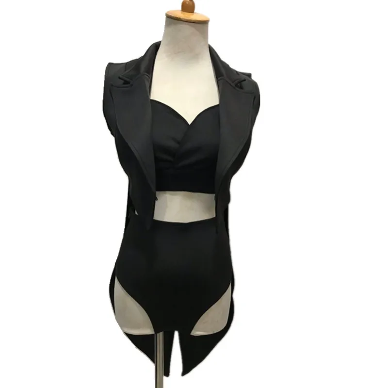 Women-Jazz-Dance-Outfit-Black-Bra-Shorts-Tailcoat-3-Piece-Set-Sexy ...