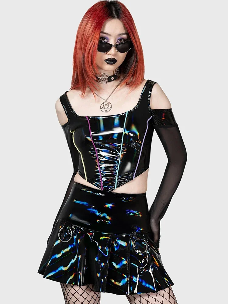 Gothic-Laser-Patent-Leather-Pleated-Skirt-Women-Faux-Latex-Punk-A-Line ...