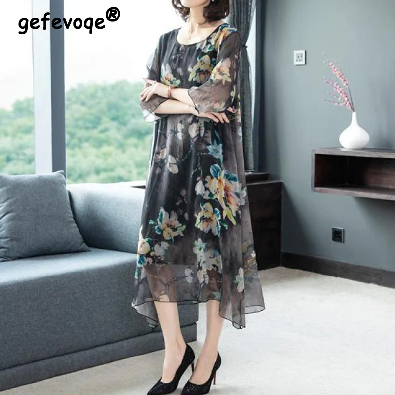 Vintage-Elegant-Fashion-Floral-Printed-Dresses-Summer-2023-Half-Sleeve ...