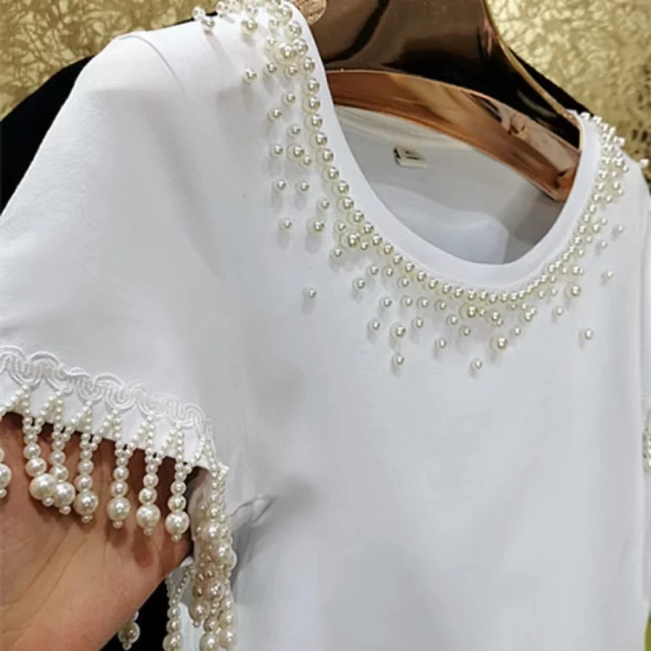 Pearls Beaded Embroidery Cotton T Shirt For Women 2024 Summer New In ...