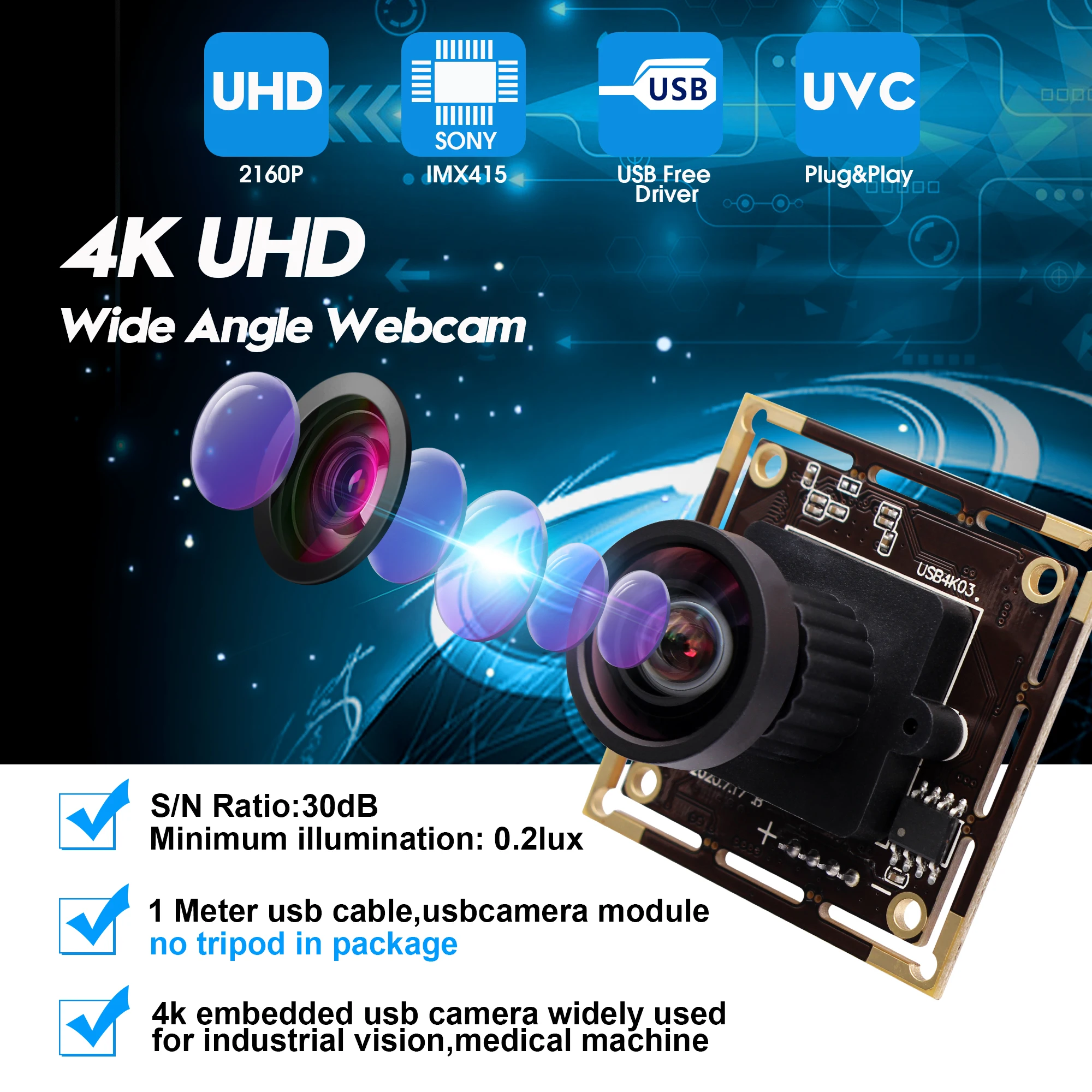 ELP Wide Angle No Distortion USB Camera Module 4K 3840×2160 CMOS IMX415 Mjpeg 30fps High Speed ...
