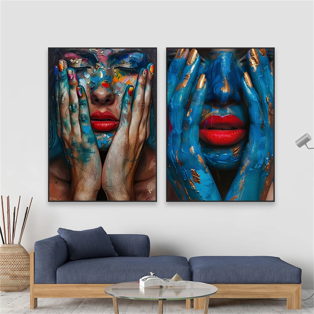 Abstract-Woman-Blue-Face-Poster-Fashion-Minimal-Gold-Blue-Wall-Art ...