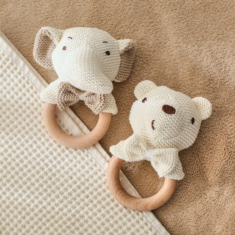 Baby Crochet Animal Rattle Newborn Cartoon Elephant Bear Wooden Ring ...