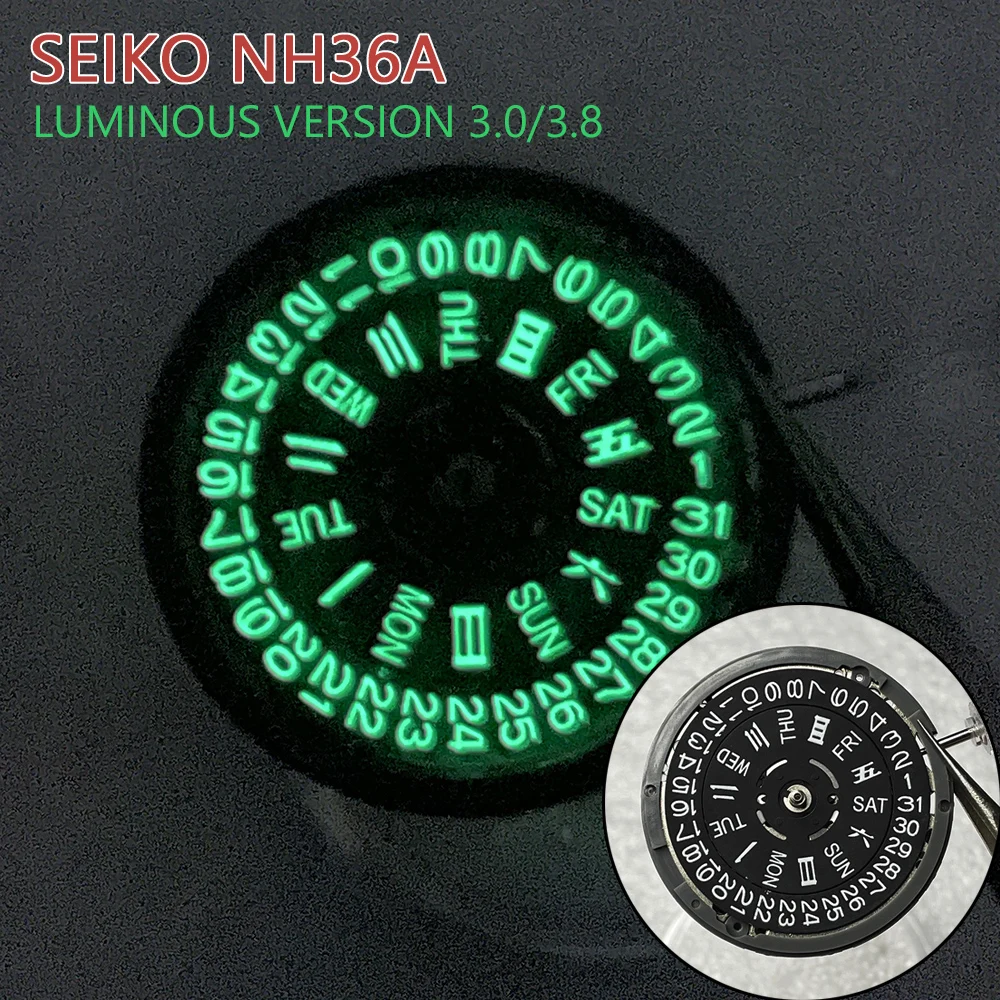 Japan-Genuine-NH36A-Movement-Green-Blue-Luminous-Day-Date-Wheel-Crown ...